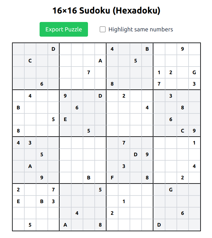 Sudoku 16 – Play Free 16×16 Sudoku Online